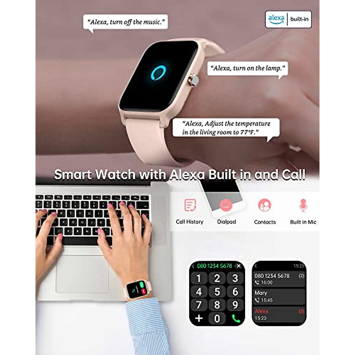 Smart Watch for Women (Answer/Make Call), 1.8" Touch Screen Activity Trackers for Android iPhone Compatible with Alexa Built in, Fitness Heart Rate Blood Oxygen Sleep Monitor, IP68 Waterproof
