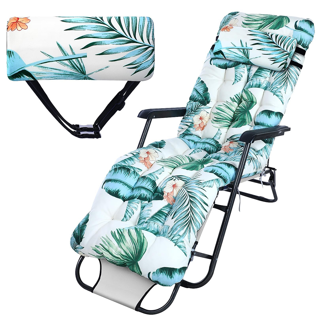 Wesiti Outdoor Lounge Cushion Lounger Chair Cushion Patio Chaise Replacement 67 x 21 Inch Rocking Cushion for Furniture Sofa Non Slip Floral Thick High Back Chair Pads with Headrest 8 Ties