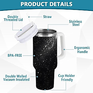 Jihqo Galaxy Black 40 oz Stainless Steel Vacuum Insulated Tumbler with Handle and Straw Lid, Leakproof Water Bottle Double Wall Travel Mug Coffee Cup, Cupholder Friendly
