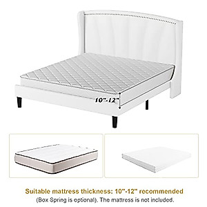Full Size Bed Frame Upholstered Queen Bed Frame with Faux Leather Headbaord Modern Deluxe Wingback, Mattress Foundation Wood Slat Support Platform Bed No Box Spring Needed, Easy Assembly, White