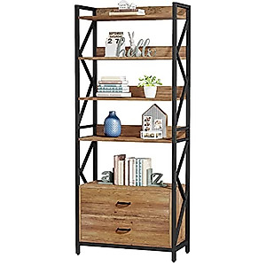 Tribesigns Bookshelf with Drawers, 70.8" Industrial Bookcase with 2 Drawers, 5 Shelf Open Shelf for Storage, Wood Book Shelf for Living Room, Bedroom, Home, Office