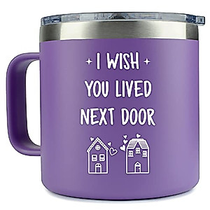 KLUBI Best Friend Gift Women - “I wish you lived next door” 14oz Purple Tumbler Mug - Cute idea for Friendship, Long Distance, Bestie, Birthday, Present, Female, Hostess, BFF