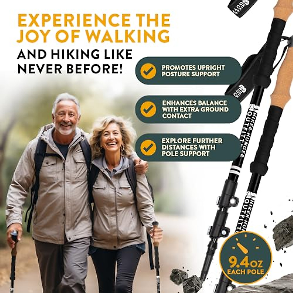 Hiker Hunger Aluminum Hiking Poles Collapsible Lightweight, Walking Sticks for Hiking, Trekking Poles for Hiking, Walking Sticks for Seniors, Hiking Stick & Walking Poles - Black