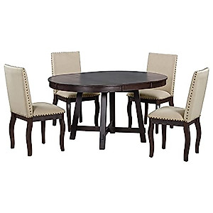 Cutimrke Farmhouse Wood Round Upholstered, Chair with Wingback and Button Tufting, Seats up to 4, for Restaurant, Kitchen (Espresso), 5 Piece Dining Table Set + Extendable Table