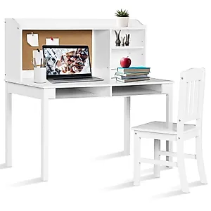 Costzon Kids Desk and Chair Set, Children Study Writing Desk w/Chair, Hutch, Storage, Drawers, Shelves, Cork Bulletin Board, Student Wooden Computer Workstation for Bedroom, Study, Living Room, White