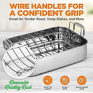 Roasting Pan with Polished Rack, Wide Handle, and Stainless Steel Lid, Turkey Chicken Roasting Pan Great for Thanksgiving Dinners, Tender Roast, Deep Dishes, and More