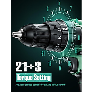 KIMO Hammer Drill - 20V 2X Battery Hammer Drill Cordless Drill Set, 350 In-lb Torque, 3/8" Keyless Chuck, 1350 RPM, 21+3 Position,14pcs Drill/Driver Bits, Power Drill Drivers for Concrete Brick Wall