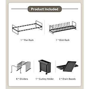 TEEVOGO 5-in-1 Set, Dish Drying Rack for Kitchen Counter, Pots and Pans Organizer, Pot lid Organizer, Dish Drying Mat with 8 Adjustable Dividers, a Cutlery Holder, for Dishes, Pans, Pot Lids, Cups