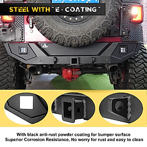 Rear Bumper Compatible for Jeep 2007-2018 Wrangler JK & JKU Unlimited (2/4 Doors),HAWKLEY Rock Crawler Offroad Back Bumper with Hitch Receiver & 2x LED Lights & 2x D-Rings
