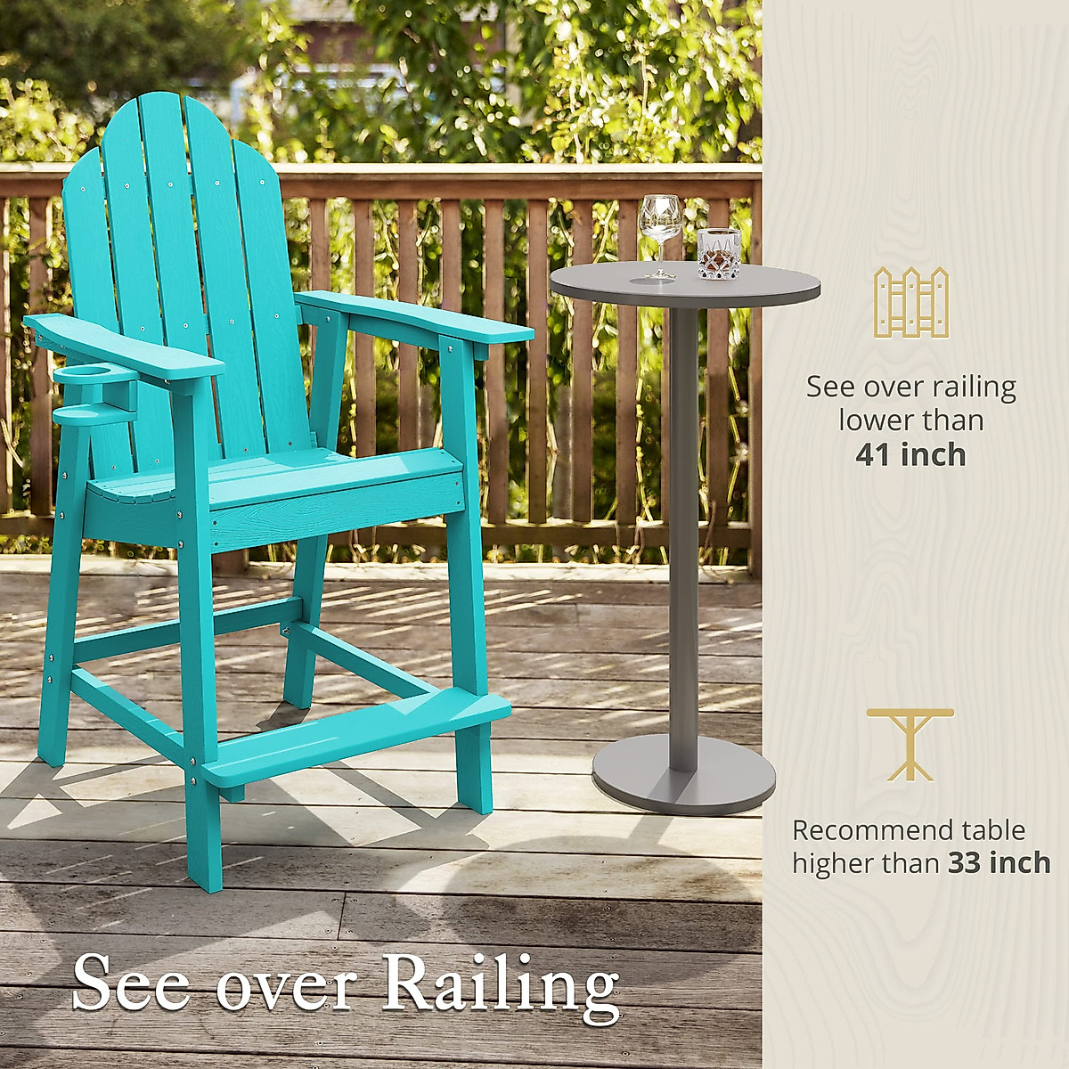 LUE BONA Tall Adirondack Chairs Set of 2, Recycled Poly Adirondack Chair Bar stools with Cup Holder, 25.6", 300Lbs, Eco-Friendly, Weather Resistant Lifeguard Chair for Balcony,Deck