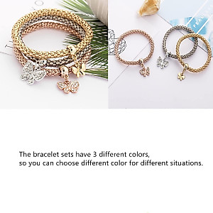 Corn Chain Bracelet, Crystal Multilayer Charms Stretch Bracelet, Butterfly Bracelet, 3PCS Gold/Silver/Rose Gold Corn Chain Bracelet for Women