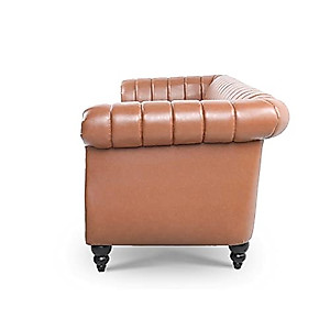 NewCosmos 83.46" Brown PU Rolled Arm Chesterfield Three Seater Sofa.