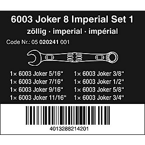 Wera 05020241001 6003 Joker 8 Imperial Set 1 Combination Wrench Set, Imperial, 8 Pieces