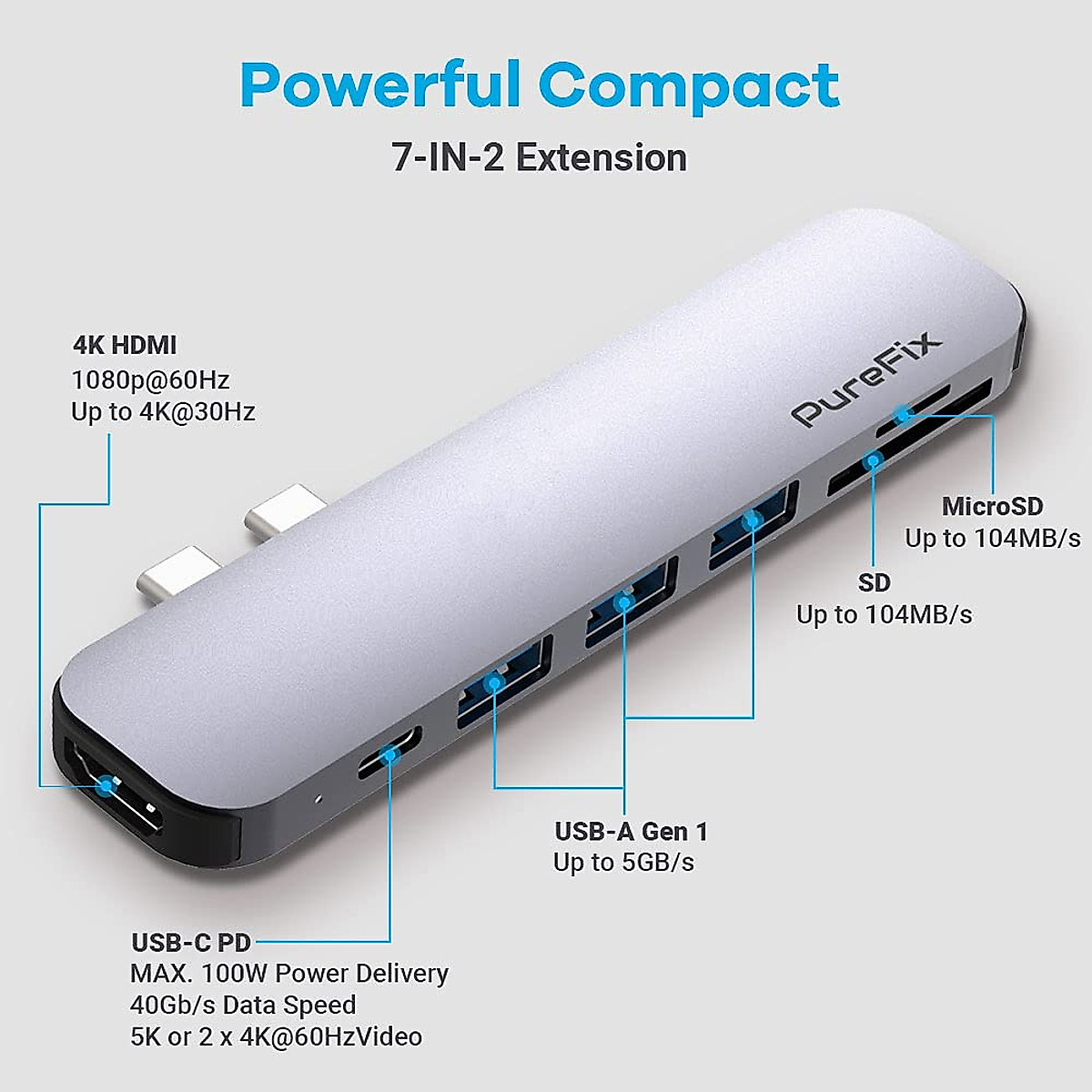 PureFix Mac USB C Hub, Thunderbolt 3 to USB C Multiport Adapter for MacBook Pro 16 15 13 inch & MacBook Air, 7-in-2 Dongle with 4K HDMI, 100W PD, 3 USB 3.0 Data Ports, SD & MicroSD Card Reader