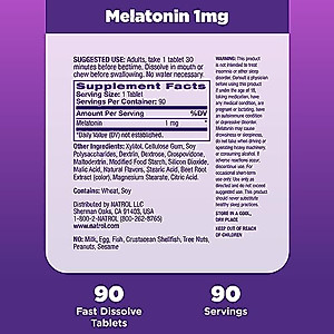 Natrol Melatonin 1mg, Strawberry-Flavored Dietary Supplement for Restful Sleep, 90 Fast-Dissolve Tablets, 90 Day Supply