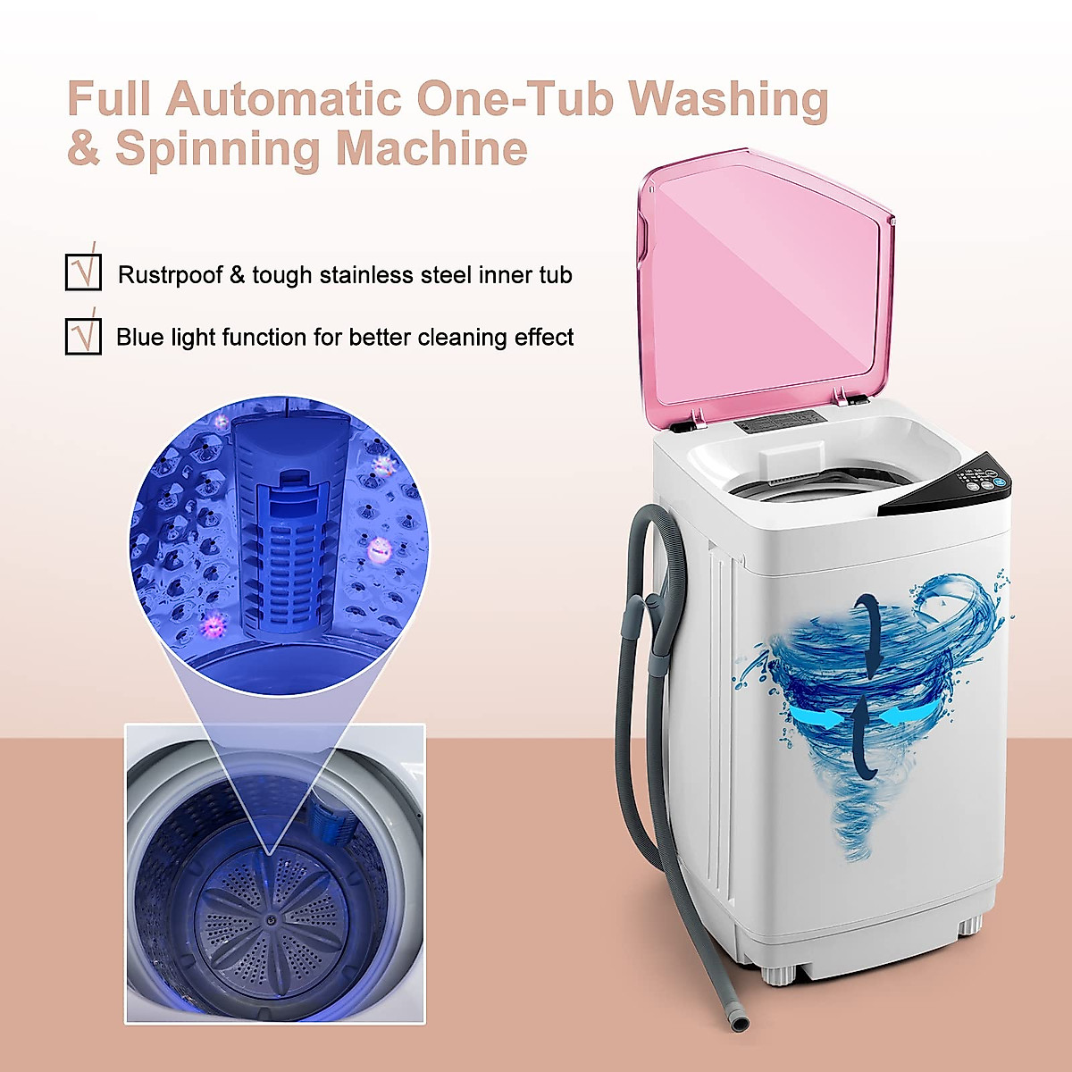 COSTWAY Portable Washing Machine, 7.7lbs Capacity Compact Laundry Washer and Spin Combo with 6 Programs, Built-in Barrel Light, Full-Automatic Washing Machine for Apartments Camping RVs Dorm, Pink