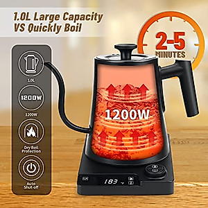 Tosfly Gooseneck Electric Kettle - 1200W 1.0L Pour-Over Kettle with LED Display Stainless Steel Coffee Kettle with Temperature Control Leak-Proof, Automatic Shut Off, Anti-dry Protection Tea Kettle