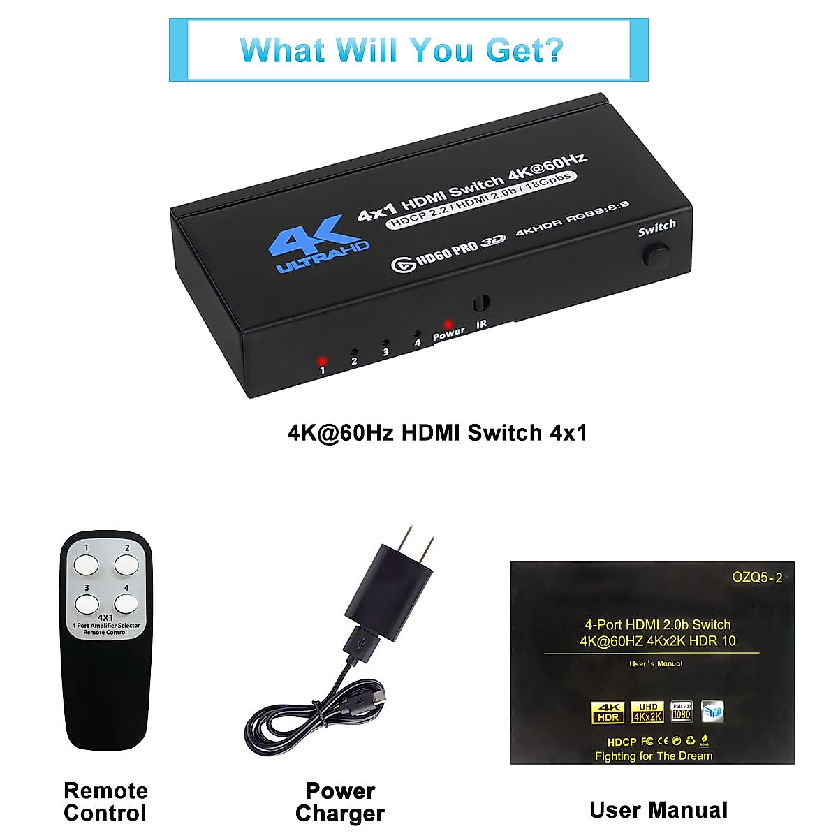 4K HDMI Switch 4x1, 4K@60Hz 4 in 1 Out HDMI Switcher Selector with IR Remote Control, Supports HDCP 2.2 4K@60Hz UltraHD HDR10 3D HD1080P Dolby DST, HDMI Splitter for PS4 Xbox Apple TV Fire Stick