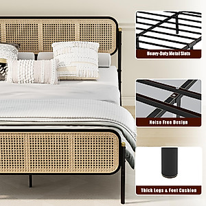 VOPEAK Rattan Bed Frame Full Size with Headboard, Boho Bed Frame, Full Bed Frame with Strong Metal Slats Support, Easy Assembly Mattress Foundation, Noise Free, No Box Spring Needed, Black