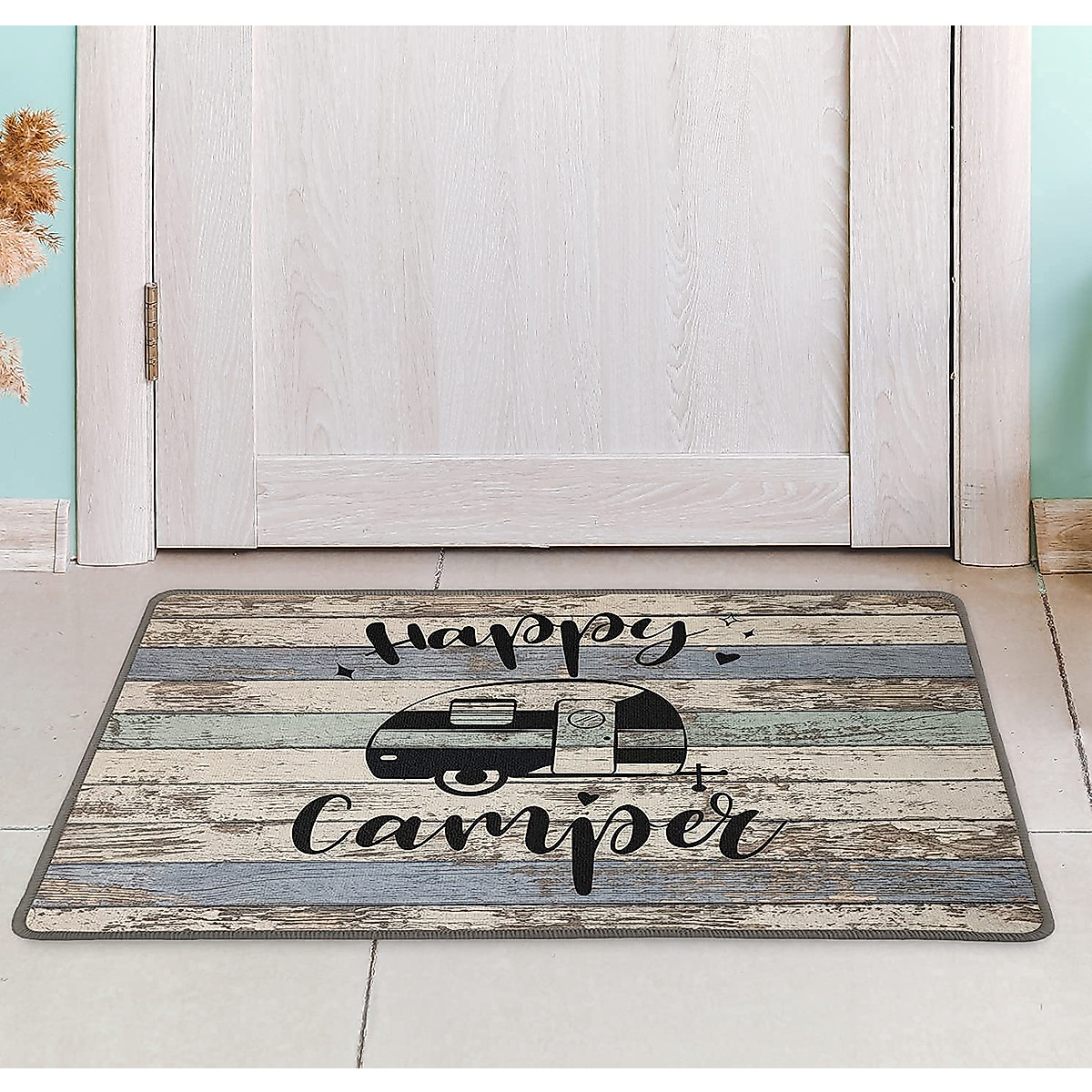 Funny Doormat,Happy Camping Camper Welcome Mats for Front Door,Non-Slip Entryway Rug Garden Home Kitchen Rubber Bathroom Backing Doormat 17X28.7 Inch