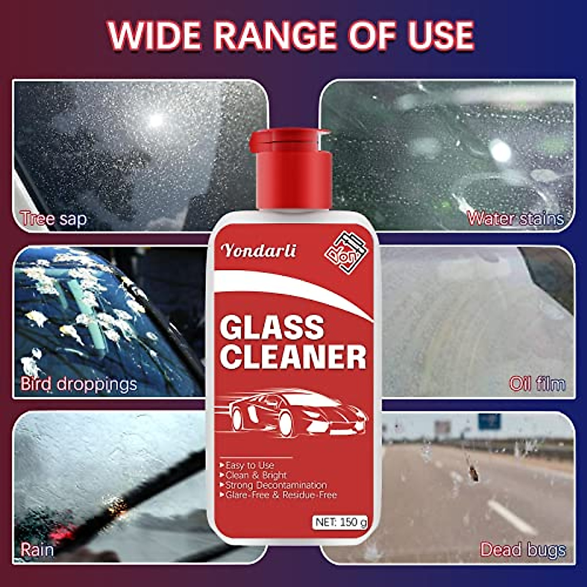 Car Glass Cleaner with Sponge, Car Glass Oil Film Cleaner, Glass Cleaner for Auto and Home Eliminates Coatings, Bird Droppings, and Water Spots, Quick and Easy Solution to Restore Glass to Clear(150g)