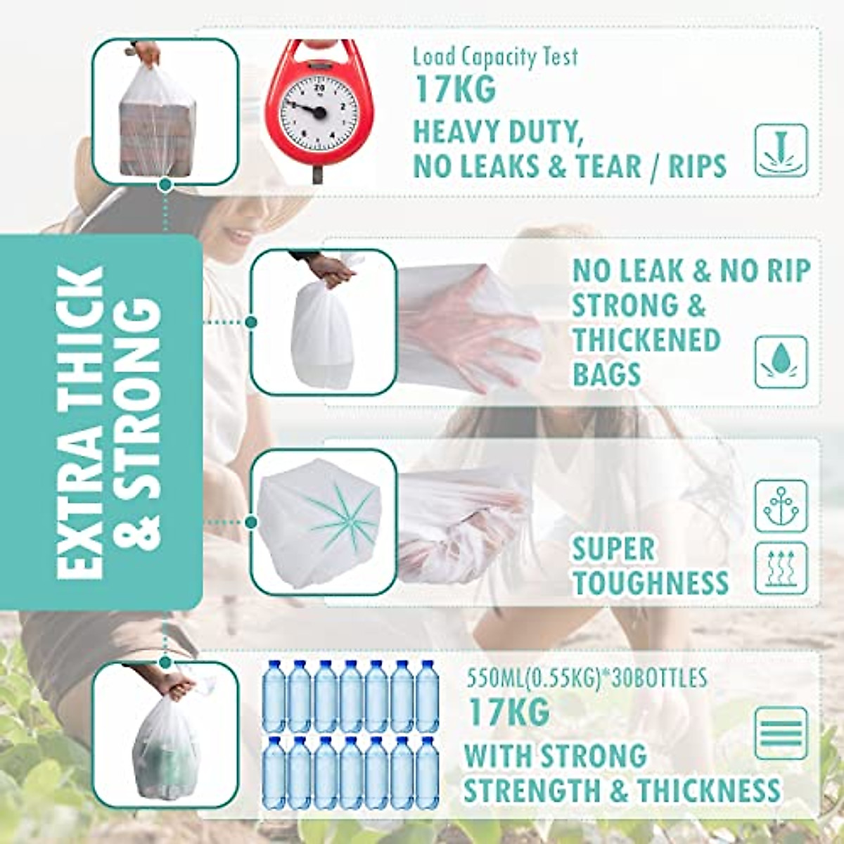 60 Counts Aklyaiap 8 Gallon Trash Bags,Biodegradable Medium Garbage Bags,Budget-Friendly Replacement for Simple Human H/J/G Trash Bag,White 30 Liter Wastebasket Bin Liners For Kitchen,Bathroom&Office