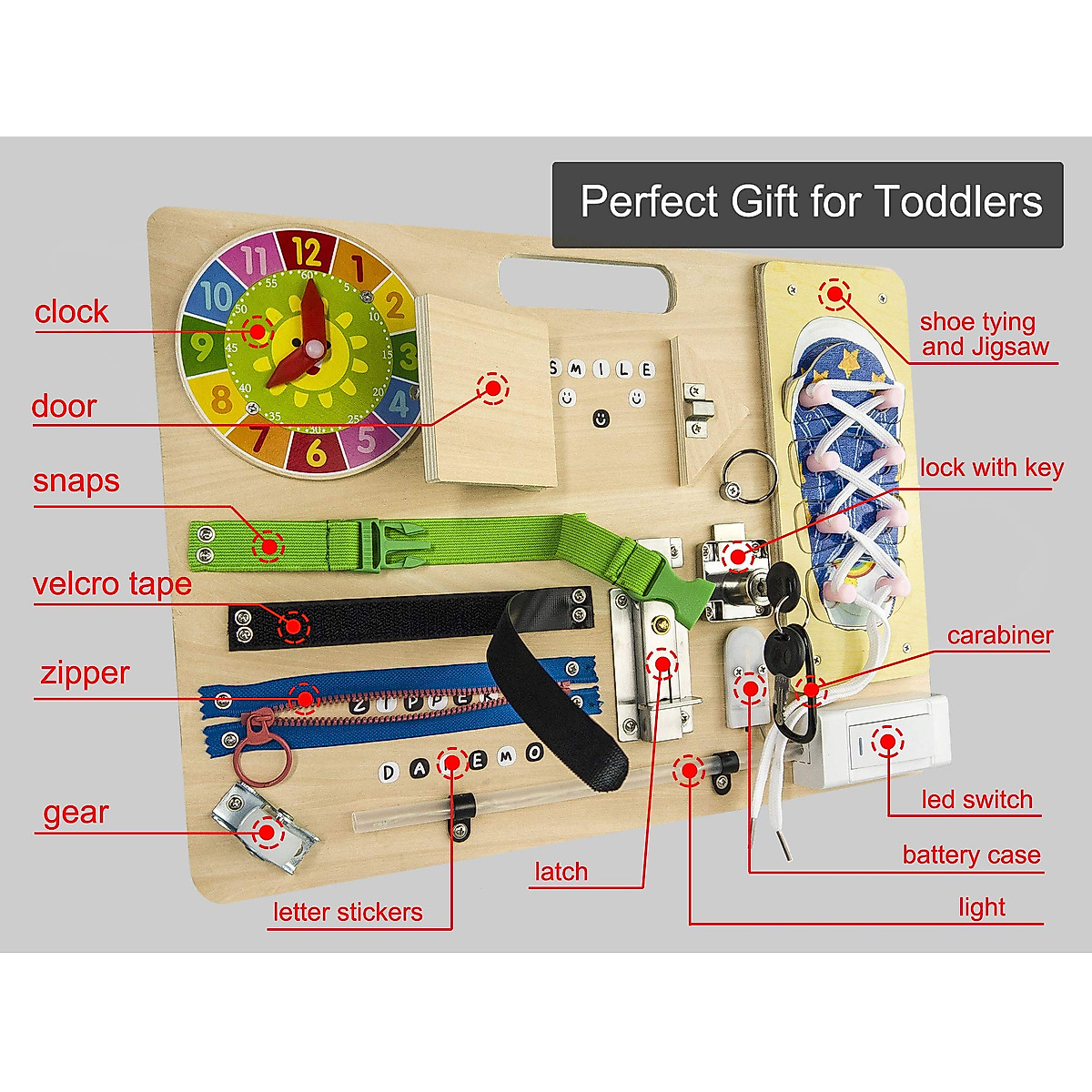 Danemort Montessori Wooden Busy Board for Toddlers 2-4, Educational Autism Sensory Toys Fidget Toy, Activity Toys Light Switch Toys for 1 2 3 Year Kids Boys & Girls (A)