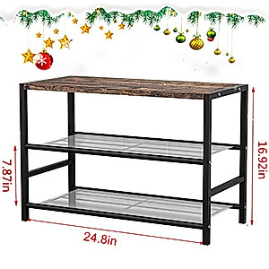 INGIORDAR Shoe Rack Storage Organizer 3 Tier Metal Mesh Shoe Rack Shelf with Industrial MDF Board for Entryways Closets Living Room Bedroom,Black&Rustic Brown