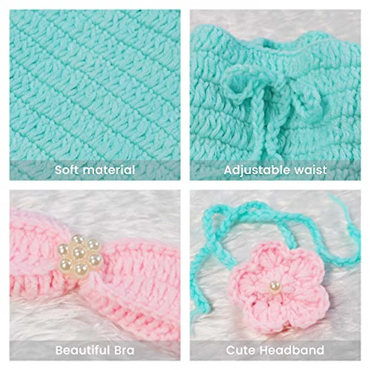 M&G House Newborn Photography Prop Mermaid Outfit Baby Photo Props Handmade Crochet Mermaid Tail Outfit Baby Mermaid Costume Set Headband Bra Tail(Aquamarine)