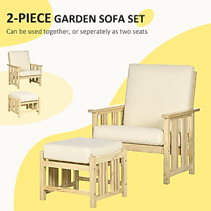 Outsunny 2-Piece Patio Furniture Set with 1 Armrest Single Chair and an Ottoman, Outdoor Wooden Chair with 4" Thick Padded Cushions for Backyard, Porch, and Poolside, Beige