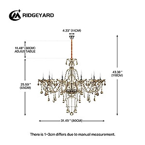 Ridgeyard 10-Light Crystal Chandelier Cognac/Champagne Modern Chandelier K9 Crystal Candle Pendant Ceiling Lighting Fixture, Chandeliers for Dining Room Home Decor