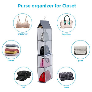 KEEPJOY Detachable Hanging Handbag Purse Organizer for Closet, Purse Bag Storage Holder for Wardrobe Closet with 4 Shelves Space Saving Purse Organizers System (Pack of 2 Grey)