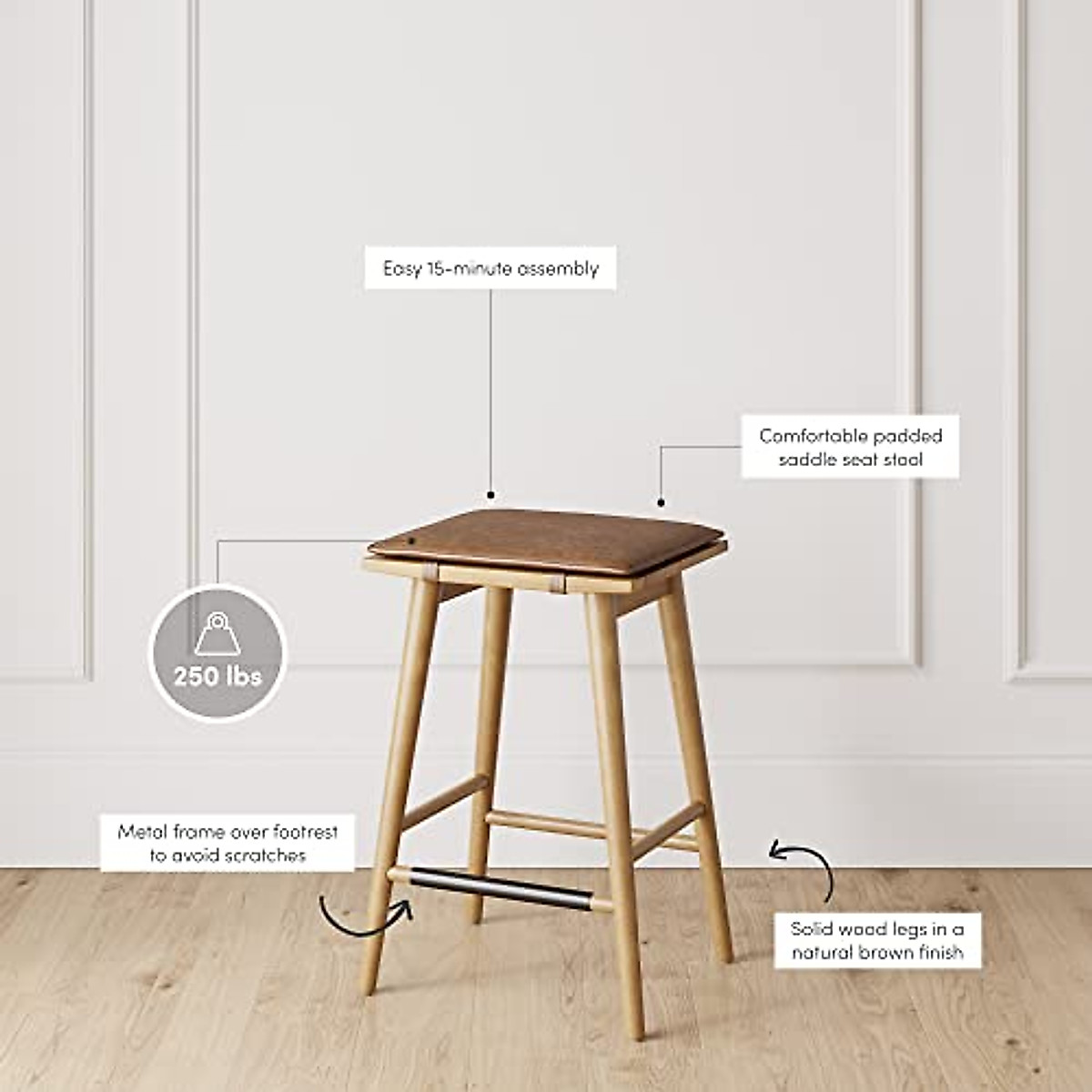 Nathan James Barker Classic Counter Height Wood Barstool with Leather Removable Cushion, Backless Island 24" Bar Stool for Kitchen, Chestnut Brown