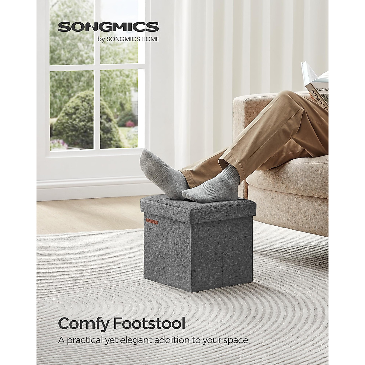 SONGMICS 11.8 Inches Small Folding Storage Ottoman Cube, Storage Footrest, Foot Rest Stool, for Living Room, Bedroom, Dorm, Dark Gray ULSF028G01