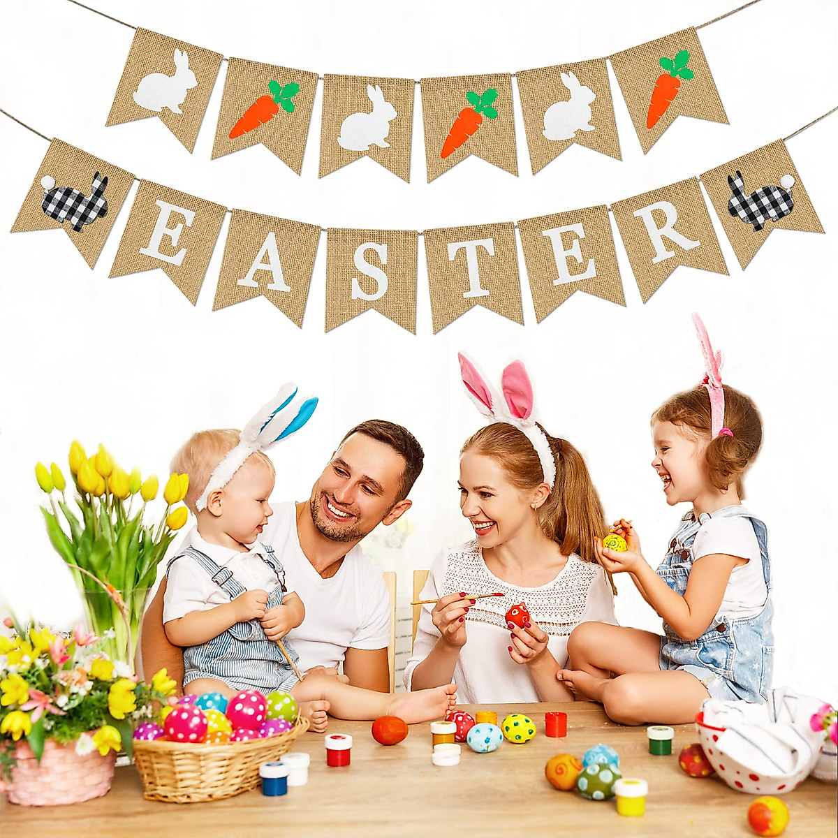 Easter Burlap Banner with Buffalo Plaid Bunny - NO DIY - Rustic Farmhouse Easter Decorations, Easter Bunny Rabbit Carrot Bunting Garland for Home Mantle - Easter Bunny Banner - Easter Party Decor