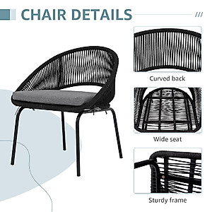 COBANA 3 Piece Patio Bistro Set, Outdoor Woven Rope Conversation Balcony Furniture Set with Wood Coffee Table and Cushioned Chairs for Garden, Backyard, Deck, Poolside, Black