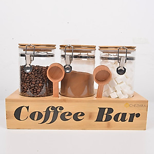 3Pcs Glass Coffee Canister with Shelf Printed Coffee Bar, Sugar Container, 3x53oz Glass Coffee Bean Storage Jars with Airtight Locking Clamp Lids Spoons, Coffee Containers Set Kitchen Food Storage Tea