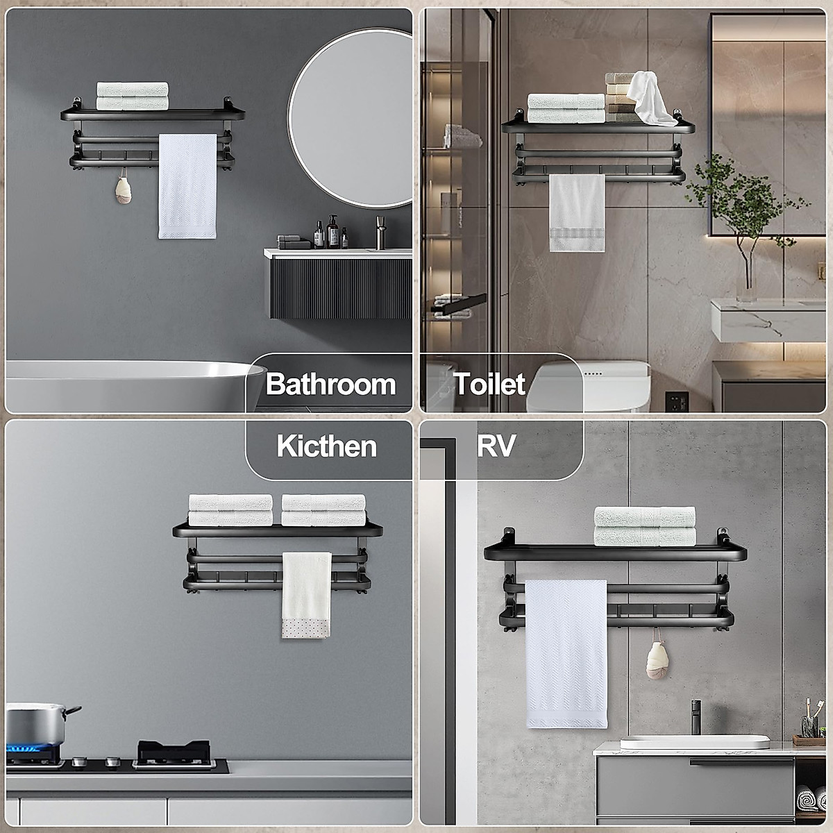 24 Inch Towel Racks for Bathroom Wall Mounted,Foldable Towel Shelf with Towel Bar and Hooks,Space Aluminum Matte Black Towel Rack with Shelf,Rustproof Towel Organizer for Bathroom,Hotel or Balcony