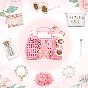Havawish 8 Pcs Flower Girl Proposal Gifts Set Flower Girl Jelly Bag Will You Be My Flower Girl Card Cup Sunglasses Makeup Bag Pen Bracelet Hair Clip Jelly Purse for Wedding Bridal Shower(Pink)