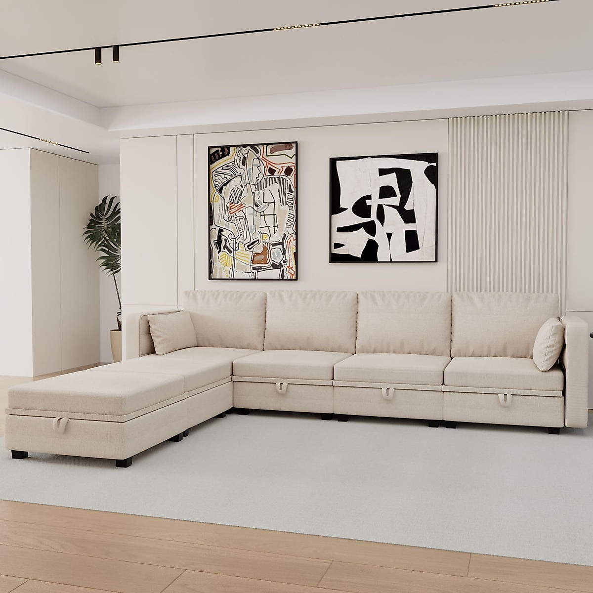 KEVINSPACE 110.24" Sectional Sofa Modular Couch U Shape Corner Sectional Sofa Set with Storage Reversible Sofa Couch with Chaise Ottoman Sleeper Sofa for Living Room Beige