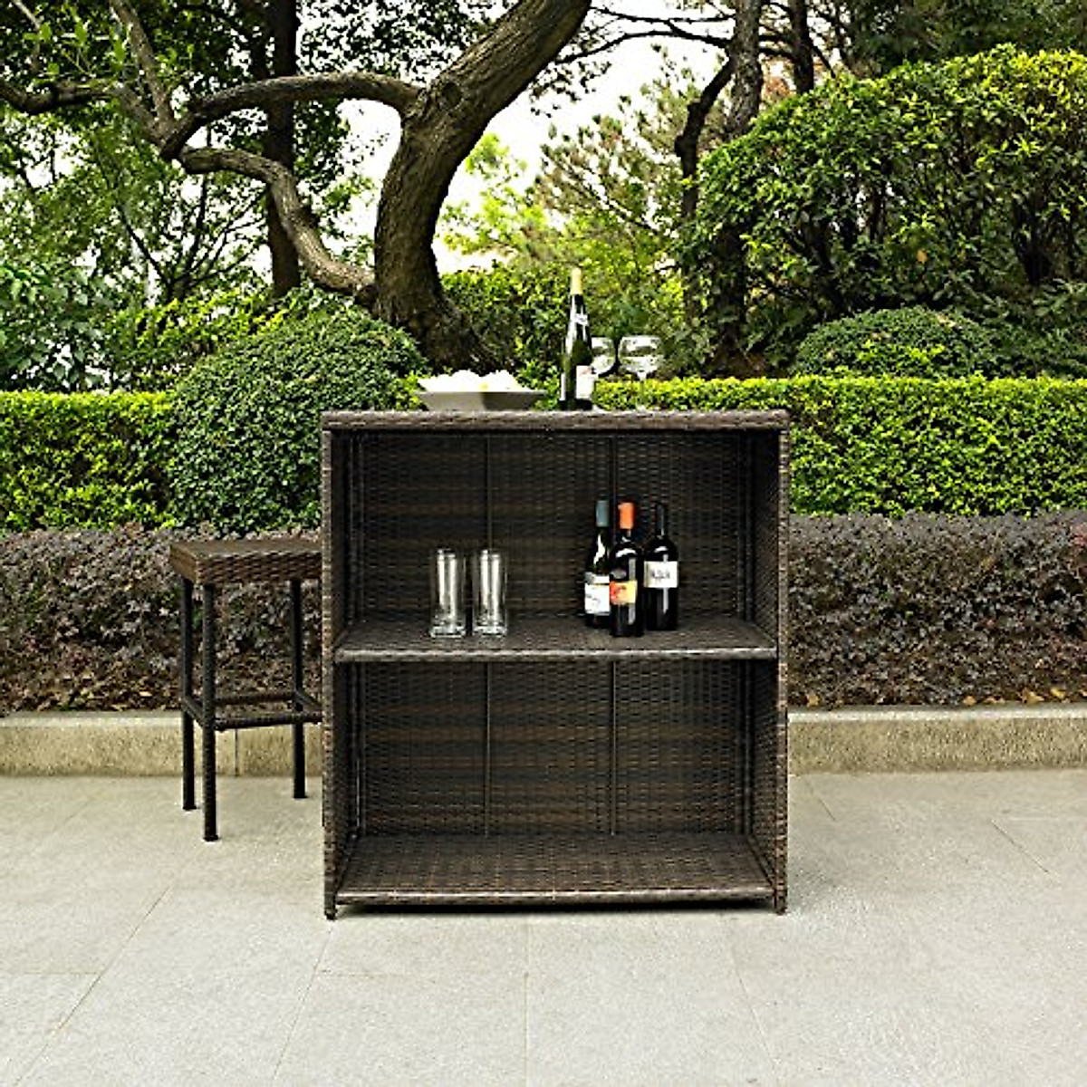Crosley Furniture Palm Harbor 3-Piece Wicker Outdoor Bar Set with Two Stools for Backyard, Patio, Deck, Balcony, Brown