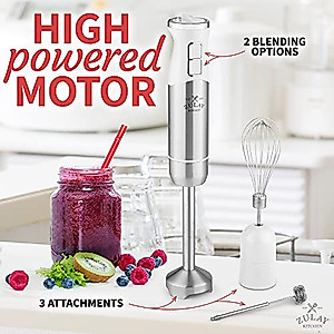 Zulay Kitchen Immersion Blender Handheld 500W - 8 Speed Copper Motor Immersion Hand Blender - Heavy Duty Stick Blender Immersion With Stainless Steel Whisk and Milk Frother Attachments (White)
