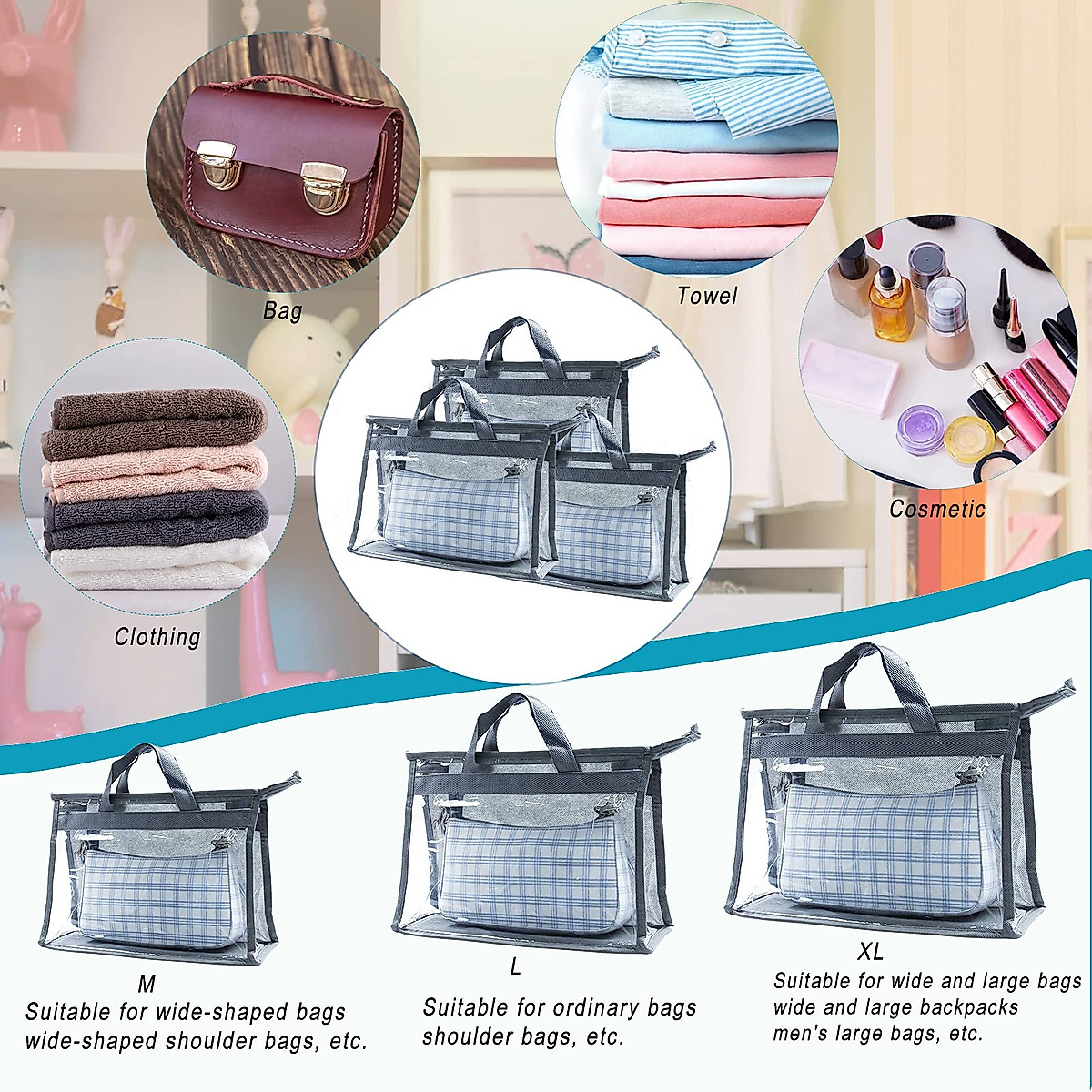 9Pcs Clear Handbag Storage Dust Cover Organizer Bags, Transparent Dustproof Purse Protector Storage Bag with Zipper Handles for Closet Shelf-3 Sizes (Grey)