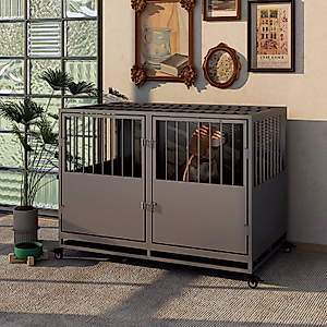 Stackable Heavy Duty Dog Crate Dog Cage, Indestructible Metal Dog Kennel Lockable for Medium Large Dogs with Sturdy Door Lock and Removable Trays, 47 Inch