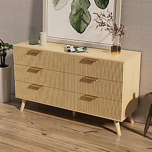 Buenhomino 6 Drawer Dresser for Bedroom, 47" Wide Modern Chest of Drawers with Fluted Design, Dresser TV Stand, Boho Storage Wood Dresser Organizer for Living Room, Hallway, Closet, Entryway Natural