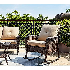 Rilyson Rocking Chair Outdoor，Patio Wicker Rocker Chair Porch Lawn Rocking Chair Deep Seating with Cushion (Brown/Beige)