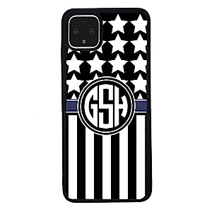 American Flag USA Thin Blue Line Police Monogram Black Rubber Phone Case Compatible With Google Pixel 8 Pro, 8a, 8, 7a, 7, Pixel 7 Pro, 6a, 6 Pro, 6, 5, 4a 5G, 4a 4G, 4, 4 XL, 3a, 3a XL, 3, 3 XL