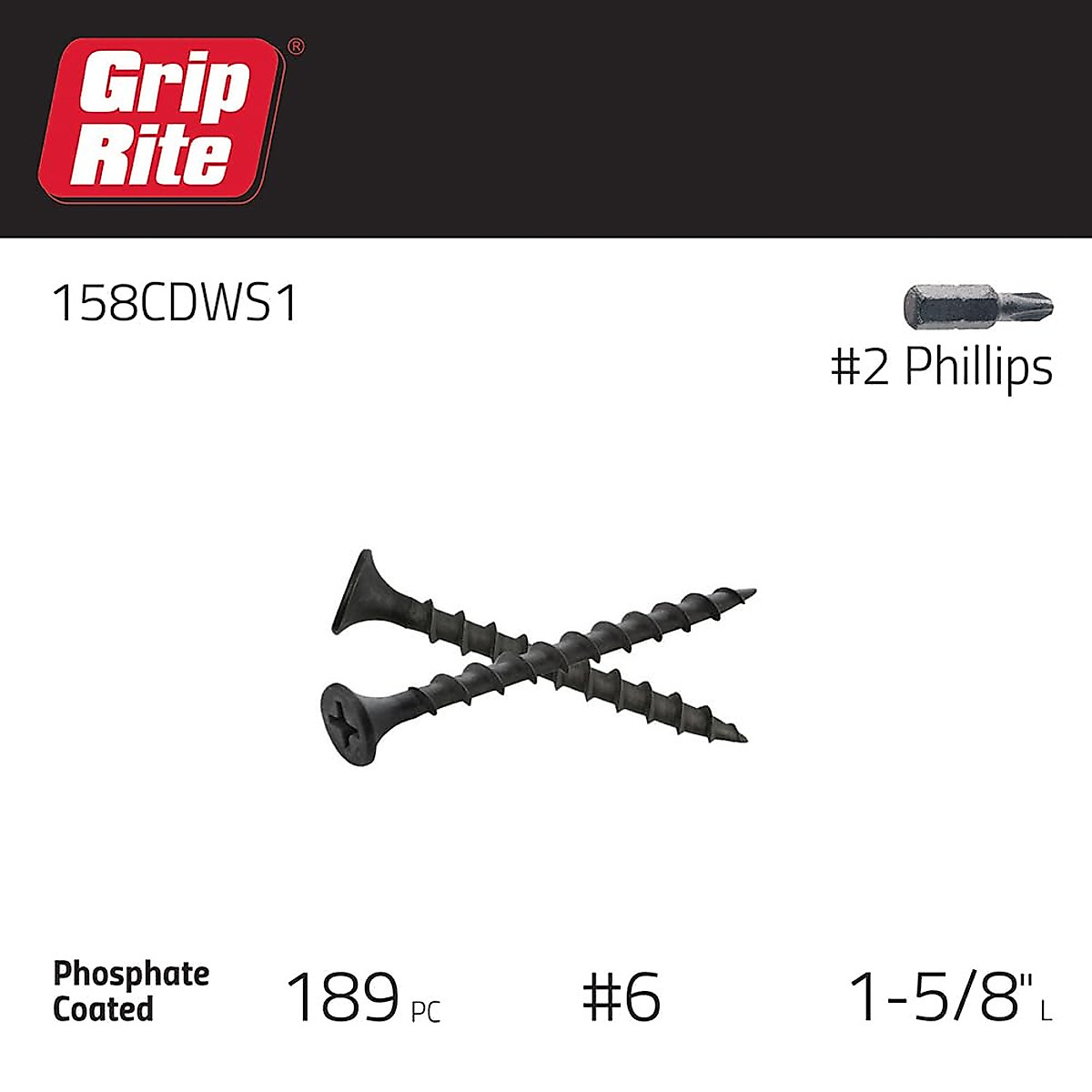 Grip Rite 158CDWS1 1-5/8-Inch 6 Coarse Thread Drywall Screw with Bugle Head, 1 Pound, Black, 200 Count