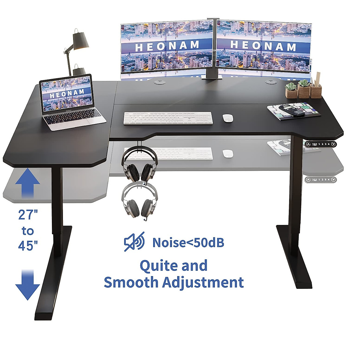 L-Shaped Electric Standing Desk, 59 Inches Height Adjustable Stand up Table with 4 Memory Settings, Sit Stand Home Office Desk with Black Frame & Top