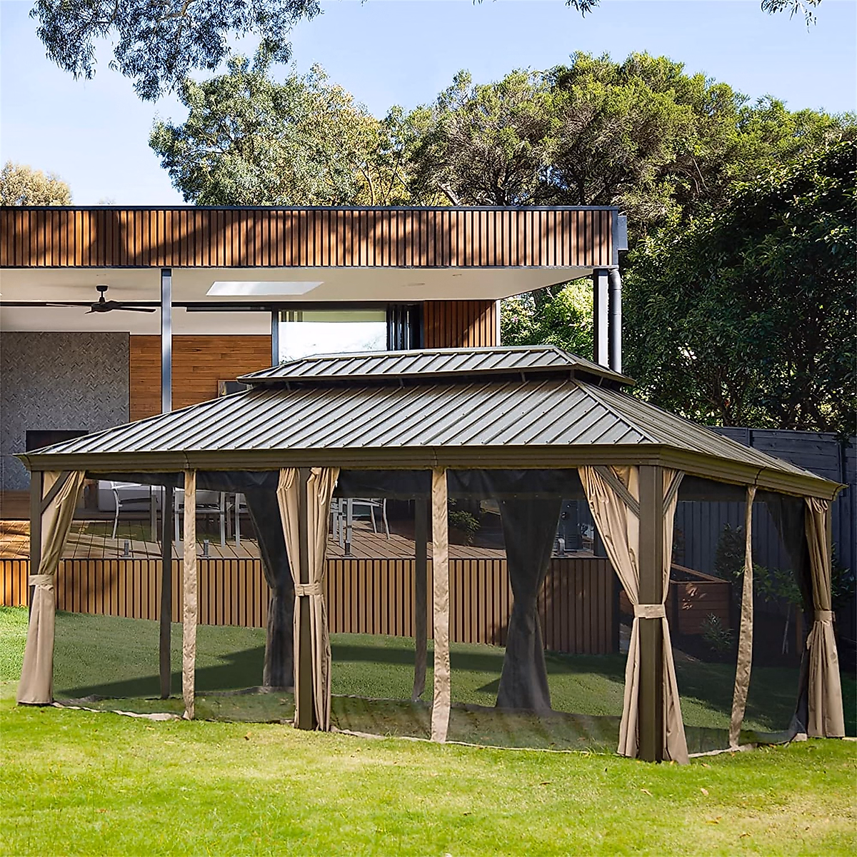 Evedy 12' x 18' Hardtop Gazebo Outdoor Aluminum Wood Grain Gazebos with Galvanized Steel Double Canopy for Patios Deck Backyard,Curtains&Netting,Outdoor Permanent Metal Pavilion